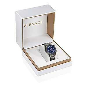 Versace Hellenyium Collection Luxury Mens Watch Timepiece with a Grey Bracelet Featuring a Grey Case and Blue Dial
