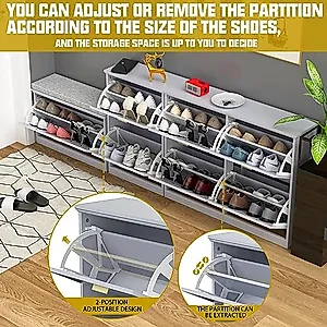 joibabe Shoe Cabinet with Flip Drawers, Shoe Bench with Removable Cushion, Free Standing Tipping Bucket Shoe Rack Organizer with Adjustable Shelf, Shoe Storage Cabinet