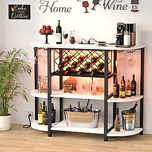 Unikito Bar Table Cabinet with Charging Station,Wine Rack Table with LED light, Wine Bar Cabinet with Storage, Freestanding Floor Bar Cabinet for Liquor and Glasses for Home Kitchen Dining Room, White