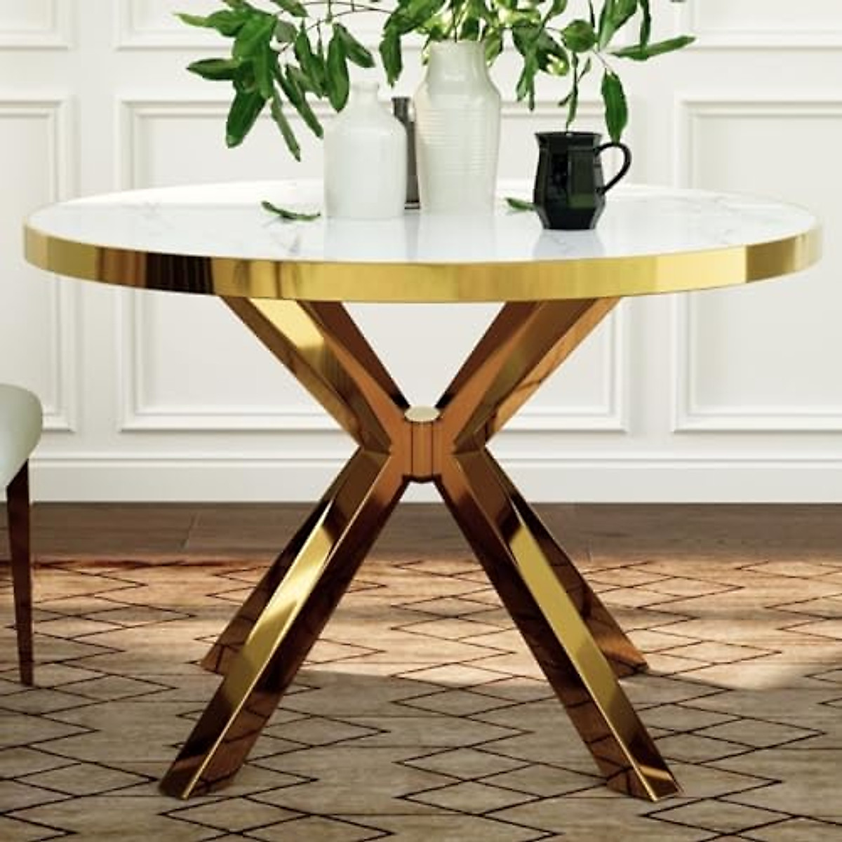 AUZ Round Dining Table, 45 inch White and Gold Table with Gorgeous Polished Stainless Steel Circle Trim and Cross Legs
