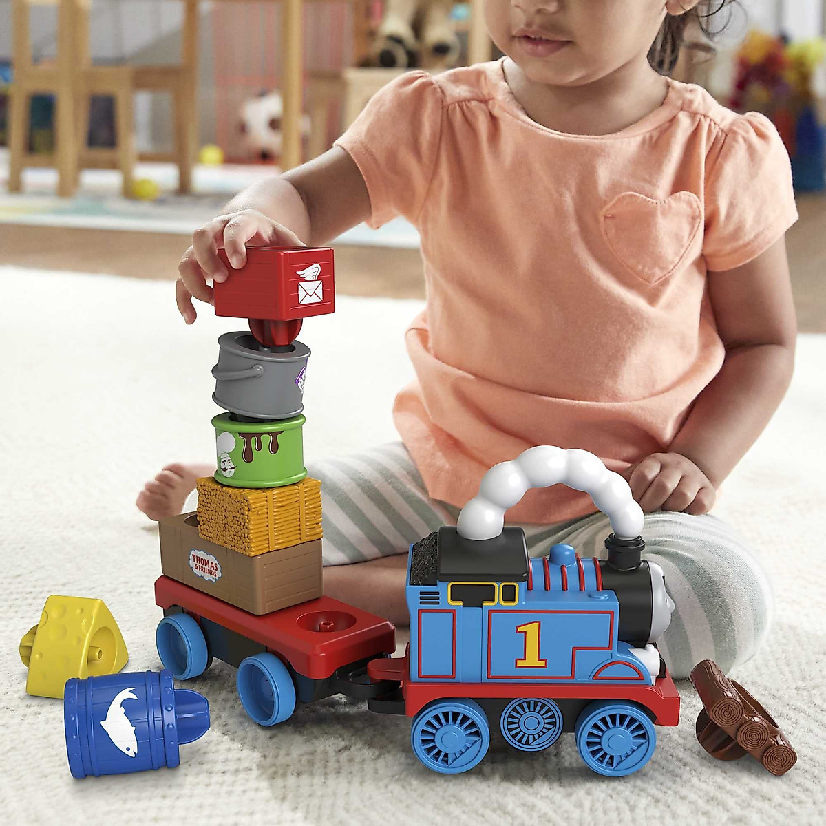 Thomas & Friends Wobble Cargo Stacker Train, Push-Along Engine with Stacking Blocks for Toddlers and Kids Ages 2 Years and up