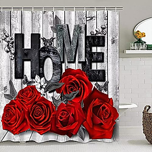 Yddsky Red Rose 4 Pcs Shower Curtain Sets Non-Slip Rugs Bath Mat Toilet Cover U Shaped Mat Black Red Shower Curtain with 12 Hooks Red Rose Valentine's Day Bathroom Set