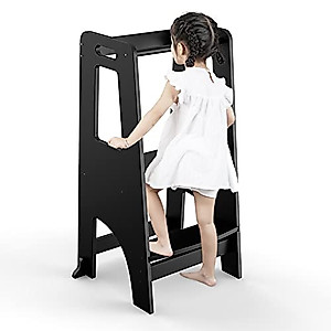 MOAMUN Wooden Step Stool for Kids, Adjustable Height Toddler Learning Helper Tower with Handle, Solid Wood Step Stool for Kitchen,Bathroom,Bedroom (Black)