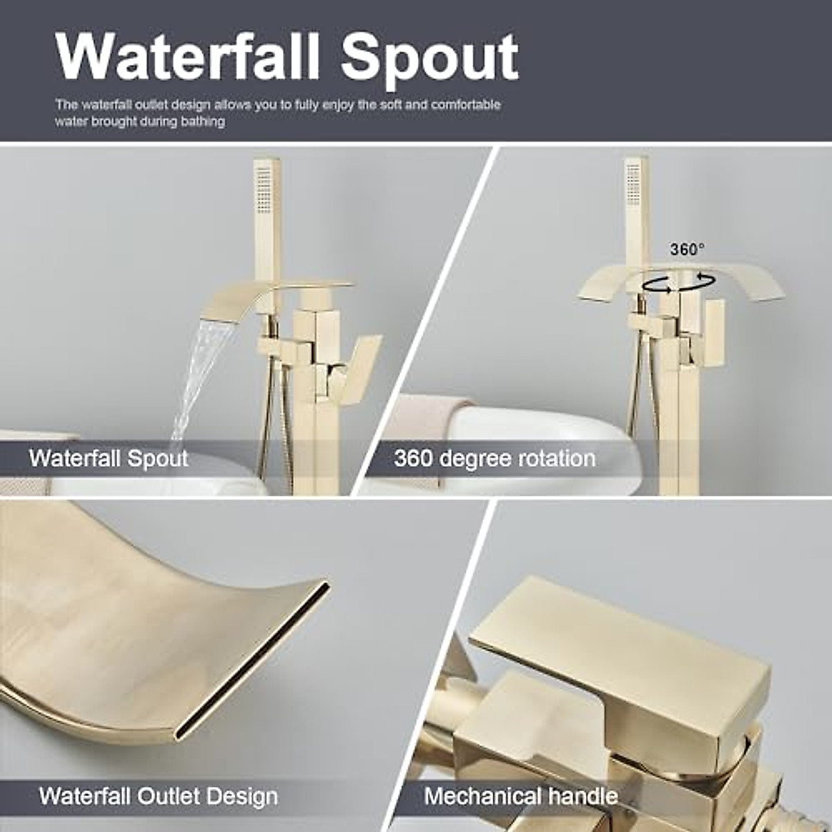 Senlesen Freestanding Bathtub Faucets Floor Mounted Tub Filler Faucet with Handshower Brushed Gold