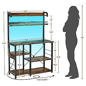 Topfurny Bakers Rack with Power Outlets and Led Lights, Coffee Station, Kitchen Storage Shelf, 7-Tier Microwave Stand Cart Coffee Bar Table Organizer, for Spice, Pots and Pans Organizer, Rustic Brown