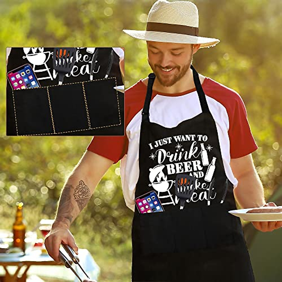 CUSUGBASO Grill Aprons for Men, One Size Funny Grilling Aprons with Three Pockets Birthday Gifts for Men, Dad Christmas Gifts,House Warming Gifts