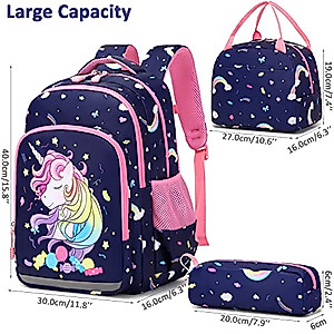 Meisohua Unicorn Backpack for Girls School Backpack 3 in 1 Set Elementary Kindergarten School Bags for Girls with Chest Strap and Lunch Tote Pencil Bag