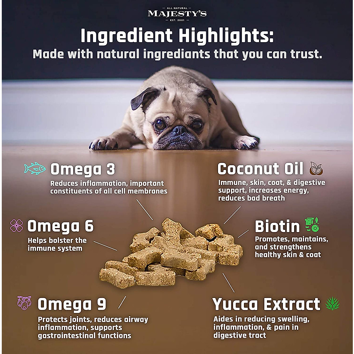 Majesty's Grain-Free Buddy Bites Skin and Coat Wafers for Medium / Large Dogs - Superior Skin, Coat, and Immune Support Supplement - Carob and Sweet Potato Flavored - 56 Count (Up To 8 Week Supply)