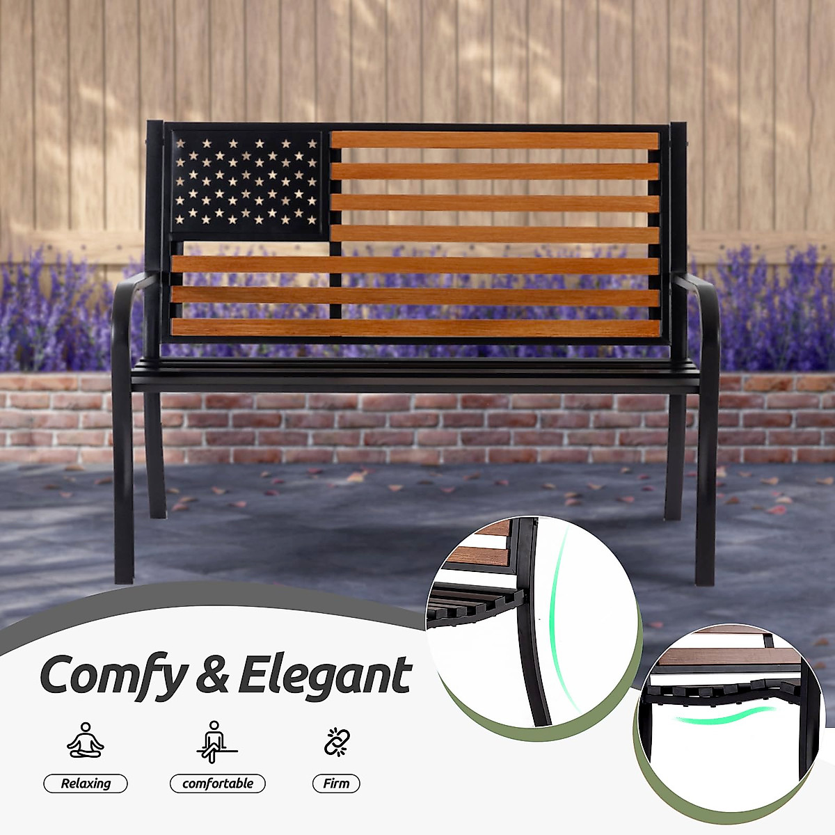 𝐀𝐭𝐭𝐥𝐢𝐚𝐬𝐚𝐥𝐨𝐧 50” Outdor Bench Garden Bench with American Flag Style, Sturdy Cast Iron Metal Frame Patio Park Bench for Porch Yard Lawn Deck Park