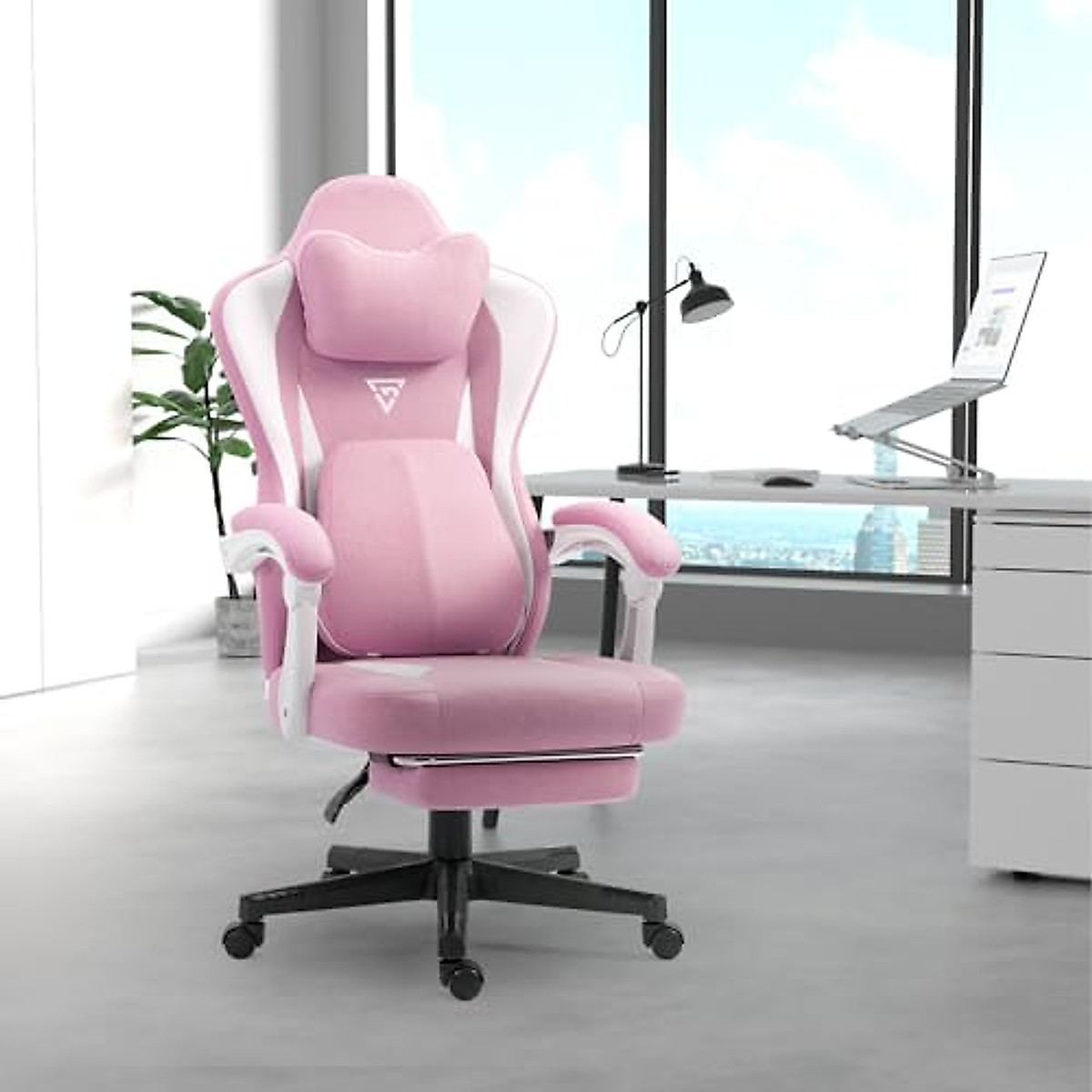 Vigosit Gaming Chair with Heated Massage Lumbar Support, Breathable Fabric Office Chair with Pocket Spring Cushion and Footrest, Recliner High Back PC Chair for Adult Pink
