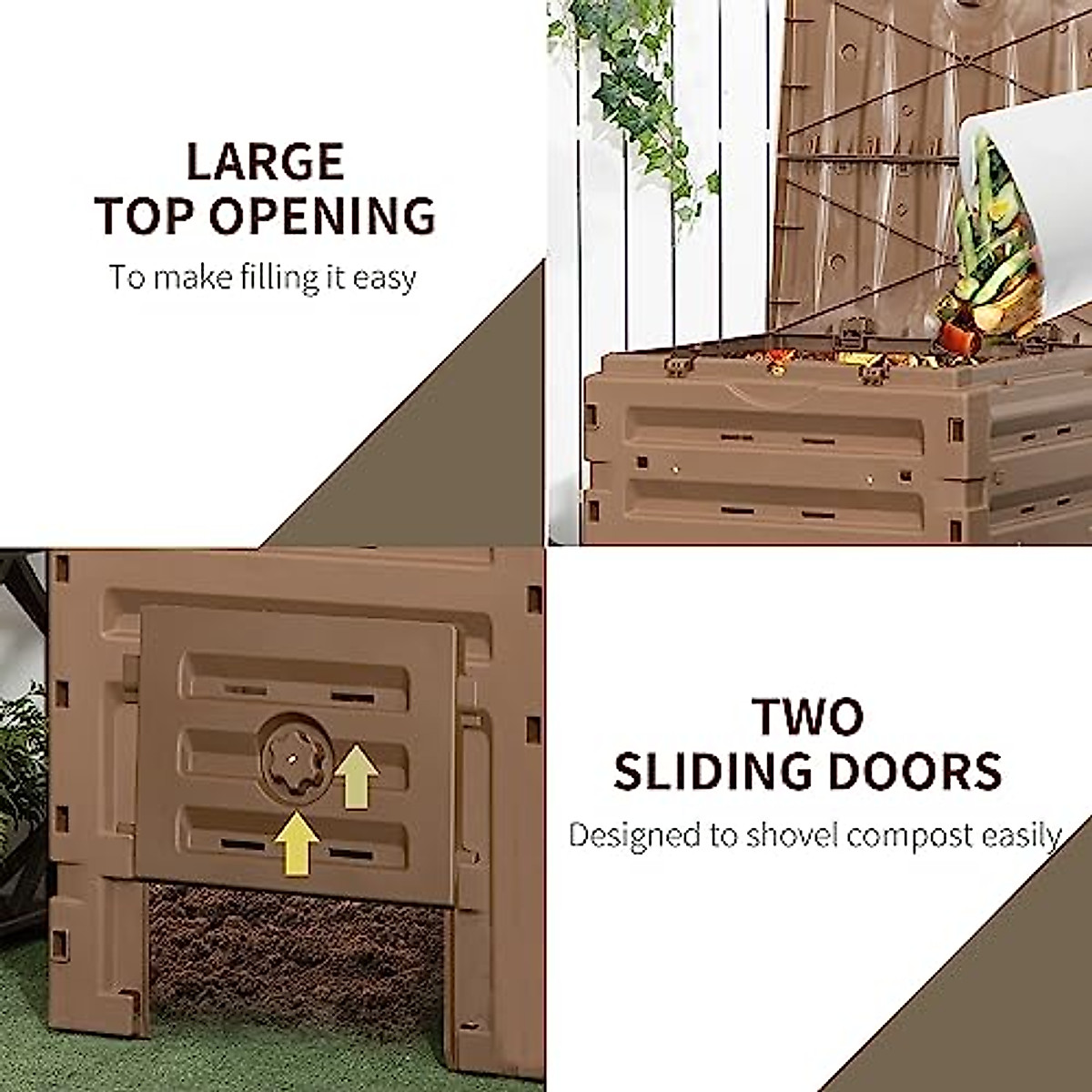 Outsunny Garden Compost Bin, 120 Gallon (450L) Garden Composter, BPA Free, with 80 Vents and 2 Sliding Doors, Lightweight & Sturdy, Fast Creation of Fertile Soil, Brown