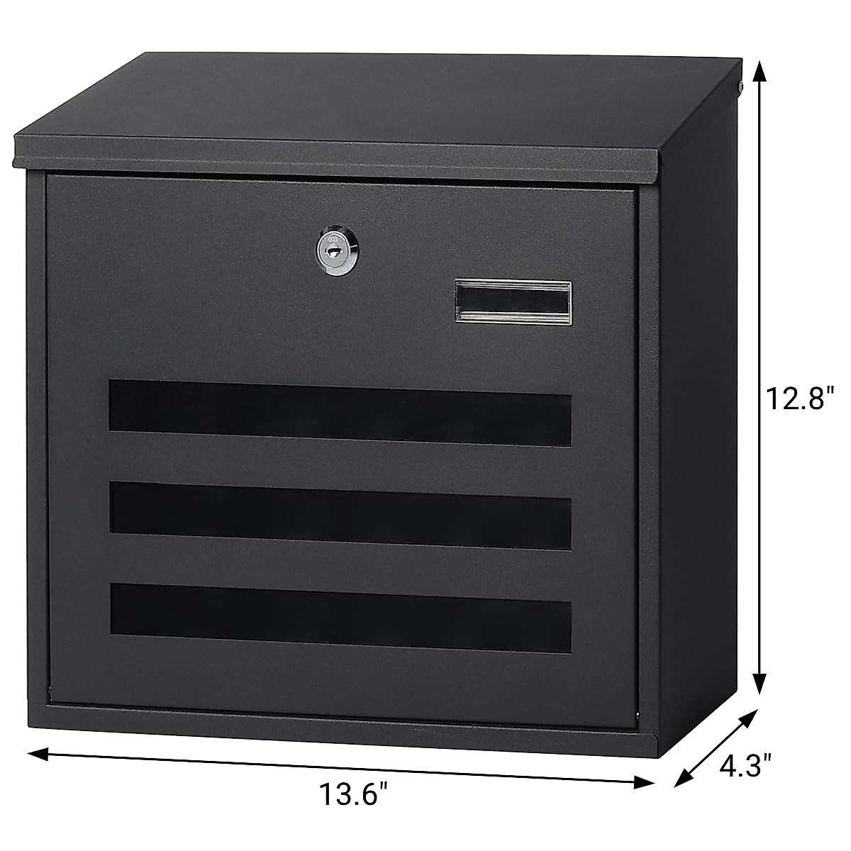 Kasten Wall-Mount Mailbox with Key Lock, Large Capacity Locking Mailbox for Outside, 13.6 x 4.3 x 12.8 Inch, Black