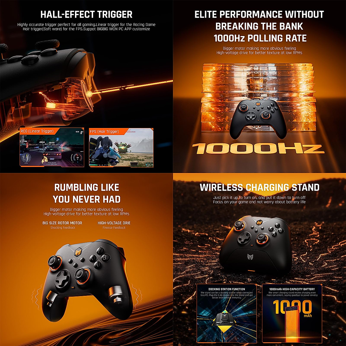Wireless Gaming Controllers, BIGBIG WON PC Gaming Controller Custom Button, 6-Axis Gyro, Dual Shock, Macro, Turbo, 2.4GHz Dongle Gamepad for Windows 10/Android/iOS/Switch Bluetooth Controller Black