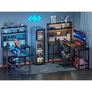 HLDIRECT L Shaped Gaming Desk, Reversible 59 Inch Computer Desk with Power Outlet & LED Lights- L Shaped Desk with Shelves and Monitor Stand, Carbon Fiber Corner Desk with Cup Holder & 2 Hooks