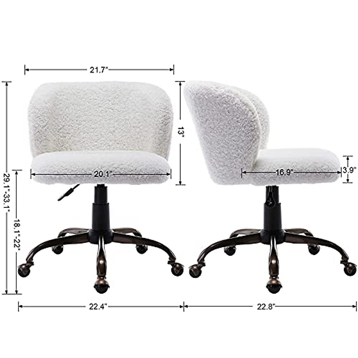 HEAH-YO Modern White Computer Task Desk Chair with Wheels, Swivel Adjustable Vanity Chair Faux Fur Armless Office Chair for Teens Dorm Room Office
