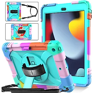 BMOUO iPad 9th/8th/7th Generation Case, iPad 10.2 Case, Shockproof 360 Rotating Stand Shoulder Hand Strap iPad 9th/8th/7th Gen Case with Pencil Holder for iPad 10.2 inch 2021/2020/2019 - Teal