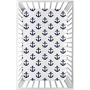 Sweet Jojo Designs Navy Blue White Anchors Boy Girl Fitted Mini Crib Sheet Baby Nursery for Portable Crib Pack and Play - Nautical Theme Ocean Sailboat Sea Marine Sailor Anchor Unisex Gender Neutral