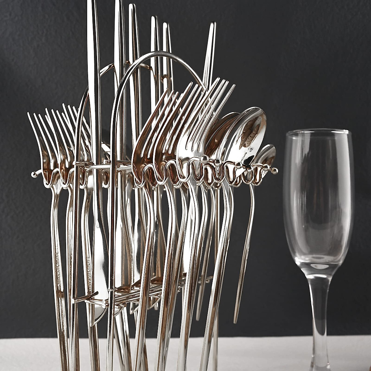 JASHII 24-Piece Stainless Steel Flat Flatware Set for 6, Fork Spoon Knife Set Eating Utensils Tableware with Holder for Kitchens Home and Restaurant, Dishwasher Safe - Shiny Silver