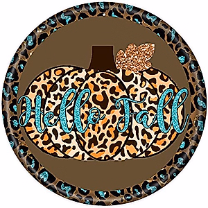 Round Metal Tin Sign Hello Fall Teal Leopard Pumpkin Sign Fall Wreath Sign Autumn Metal Tin Sign Vintage Sign for Home Coffee Garden Wall Decor 12x12 Inch