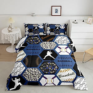 Erosebridal Baseball Bed Set for Boys,Baseball Player Comforter for Kids,Geometric Honeycomb Bedding Set Twin Size,Sports Ball Game Patchwork Quilt Set with 1 Pillowcase Lightweight