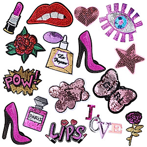 Ysleen 16 Pieces Purple Sequin Iron on Patches DIY Embroidered Patch Sequin Applique Lip Lipstick Patch Decoration Clothing Jeans Bag Sew on Repair for Woman Girl Garment Bag Shoes Caps Decor