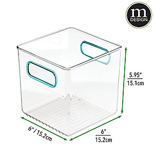 mDesign Plastic Kitchen Pantry Cabinet, Refrigerator or Freezer Food Storage Bins with Handles - Organizer for Fruit, Yogurt, Snacks, Pasta - Food Safe, BPA Free, 6" Cube, 4 Pack - Clear/Blue