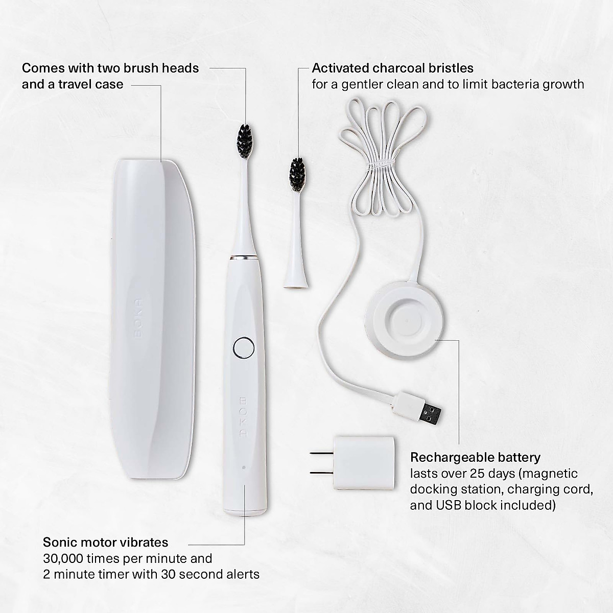 Boka Electric Toothbrush with 2 Heads - Rechargeable Sonic Powered Tooth Brush - Bristles for Deep Cleaning - Dentist Recommended Oral Care - Charging Base with Micro USB (Adults Electric Toothbrush)