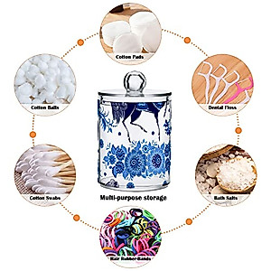 WELLDAY Apothecary Jars Bathroom Storage Organizer with Lid - 14 oz Qtip Holder Storage Canister, Blue Horse Floral Clear Plastic Jar for Cotton Swab, Cotton Ball, Floss Picks, Makeup Sponges,Hair Cli