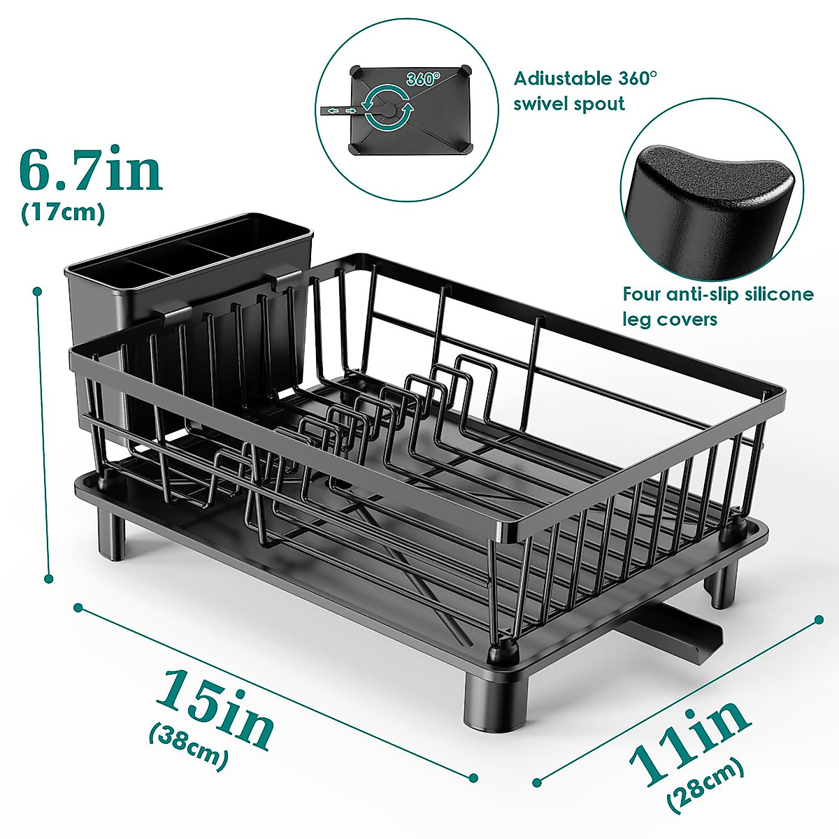 Dish Drying Rack, Space-Saving Dish Rack for Kitchen Counter, Stainless Steel Dish Rack with Cutlery Holder, Removable Dish Drainer, Drainboard and Adjustable Spout for Various Kitchenware,15x11x6.7''
