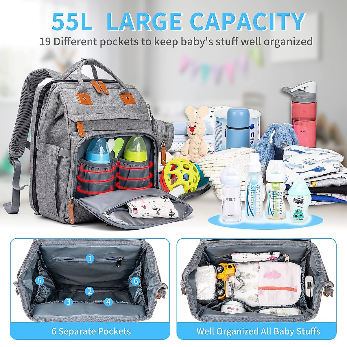 KABAQOO Diaper Bag Backpack, Large Baby Diaper Bags for Boys Girls, Baby Bag with USB Charging Port, Multifunction Waterproof Travel Back Pack for Moms Dads, Grey