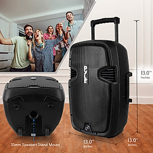 Pyle PPHP1299WU.5 Karaoke Portable PA Speaker System - 1000W Active Powered Wireless Bluetooth Compatible Outdoor Speaker W/Rechargeable Battery, Wheels, USB MP3 RCA, 2 UHF Microphone, Remote, Black