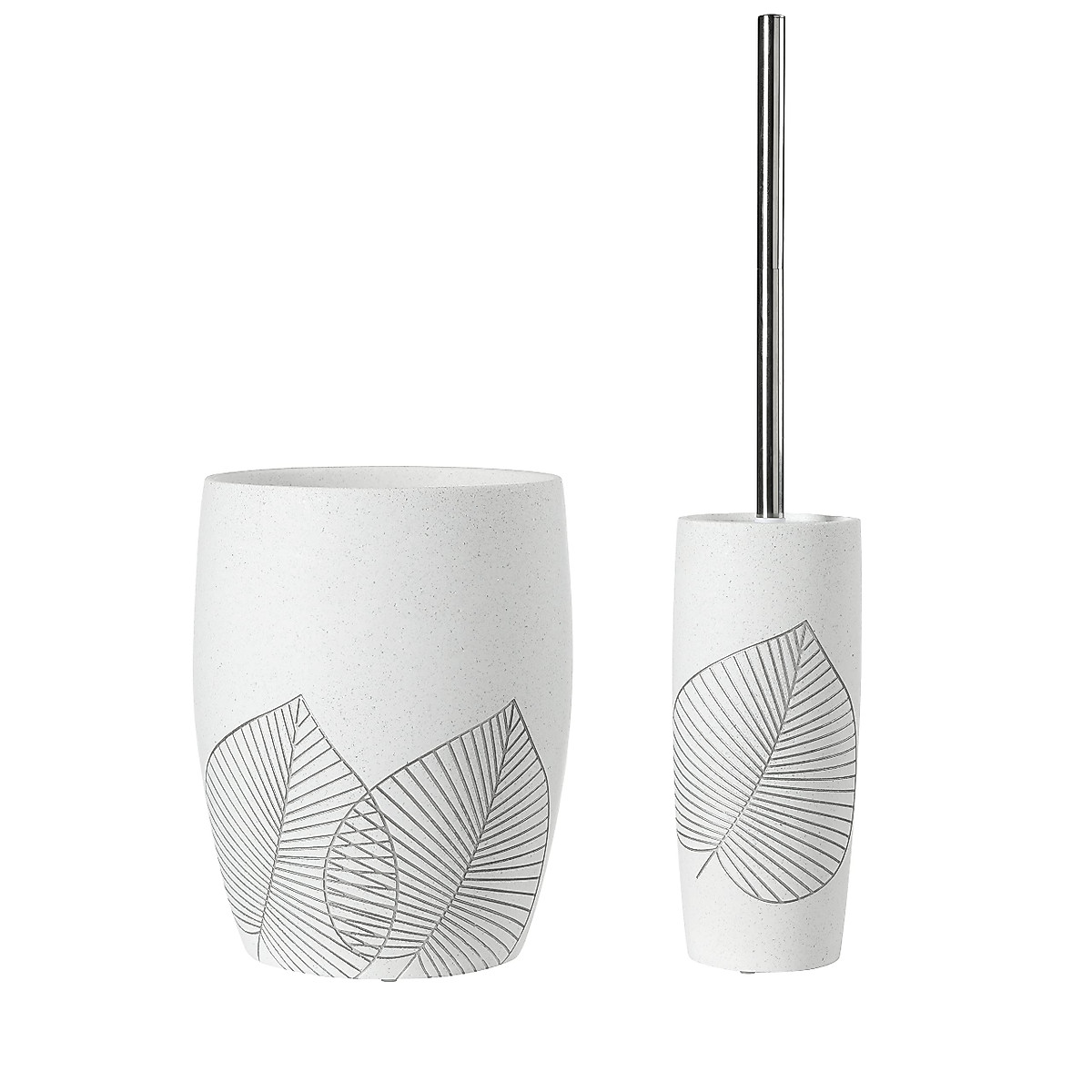 Set of 2 Elegant Leaf Design Hight Quality Polyresin Wastebasket Garbage Receptacle Bin and Brush/Holder for Bathrooms, Powder Rooms, Kitchens, Home Offices White