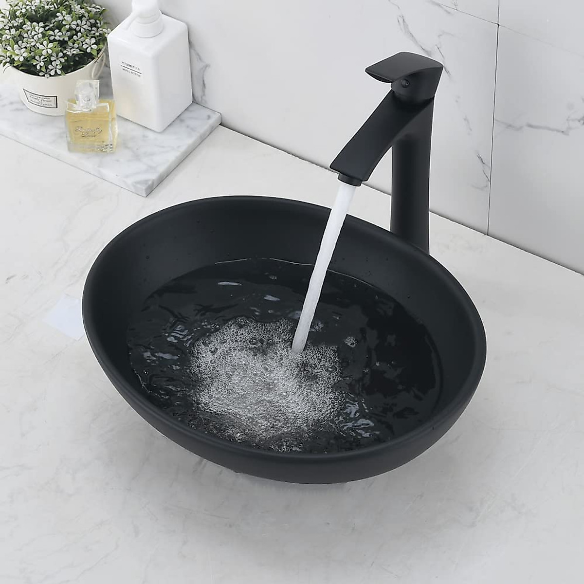 Oval Black Vessel Sink with Faucet and Drain Combo -Bokaiya 16x13 Ceramic Bathroom Sink Above Counter Vessel Sink Oval Porcelain Ceramic Bathroom Lavatory Vanity Sink Art Basin Set