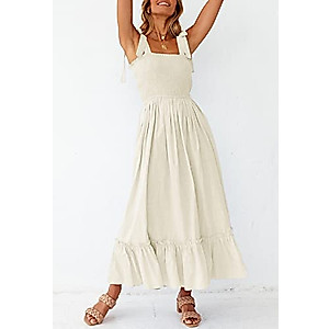ZESICA Women's 2023 Summer Boho Spaghetti Strap Square Neck Solid Color Ruffle A Line Beach Long Maxi Dress,Apricot,Small