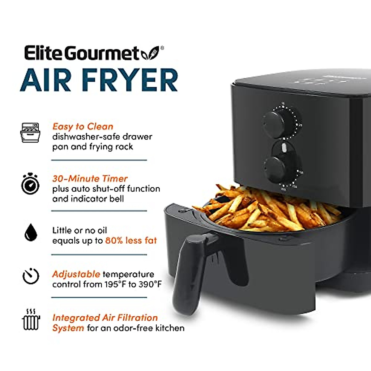 Elite Gourmet EAF-3218 Personal 1.1Qt. Compact Space Saving Electric Hot Air Fryer Oil-Less Healthy Cooker, Timer & Temperature Controls