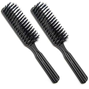 LUXXII (Pack 2) 7.5" Pocket Plastic Handle Nylon Bristles Brushes Hair Comb Designed for All Hair Types (Black)
