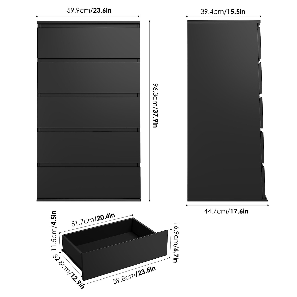 FOTOSOK Black Dresser, 5 Drawer Dresser Tall Black Dresser with Large Storage Space, Modern Storage Chest of Drawers, 23.6L x 17.6W x 39.1H Inch Storage Organizer Cabinet for Home, Black