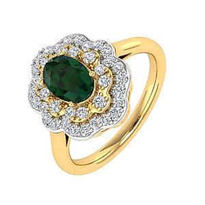 1.05 Carat Oval Shape Emerald and Round Diamond Engagement Ring in 10K Yellow Gold (Ring Size 7)
