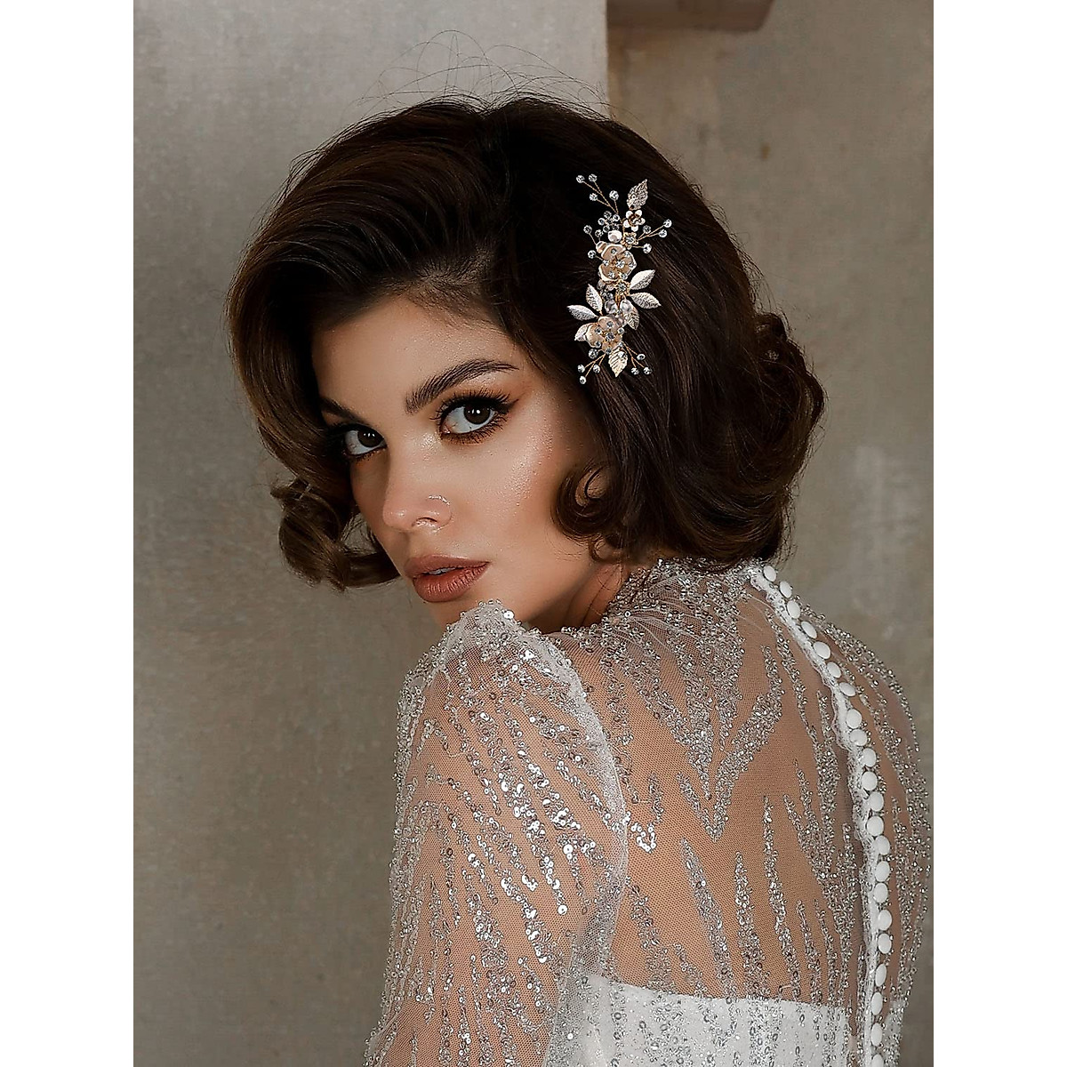 SWEETV Light Rose Gold Wedding Hair Comb Clip,Handmade Bridal Hair Accessories for Women Wedding