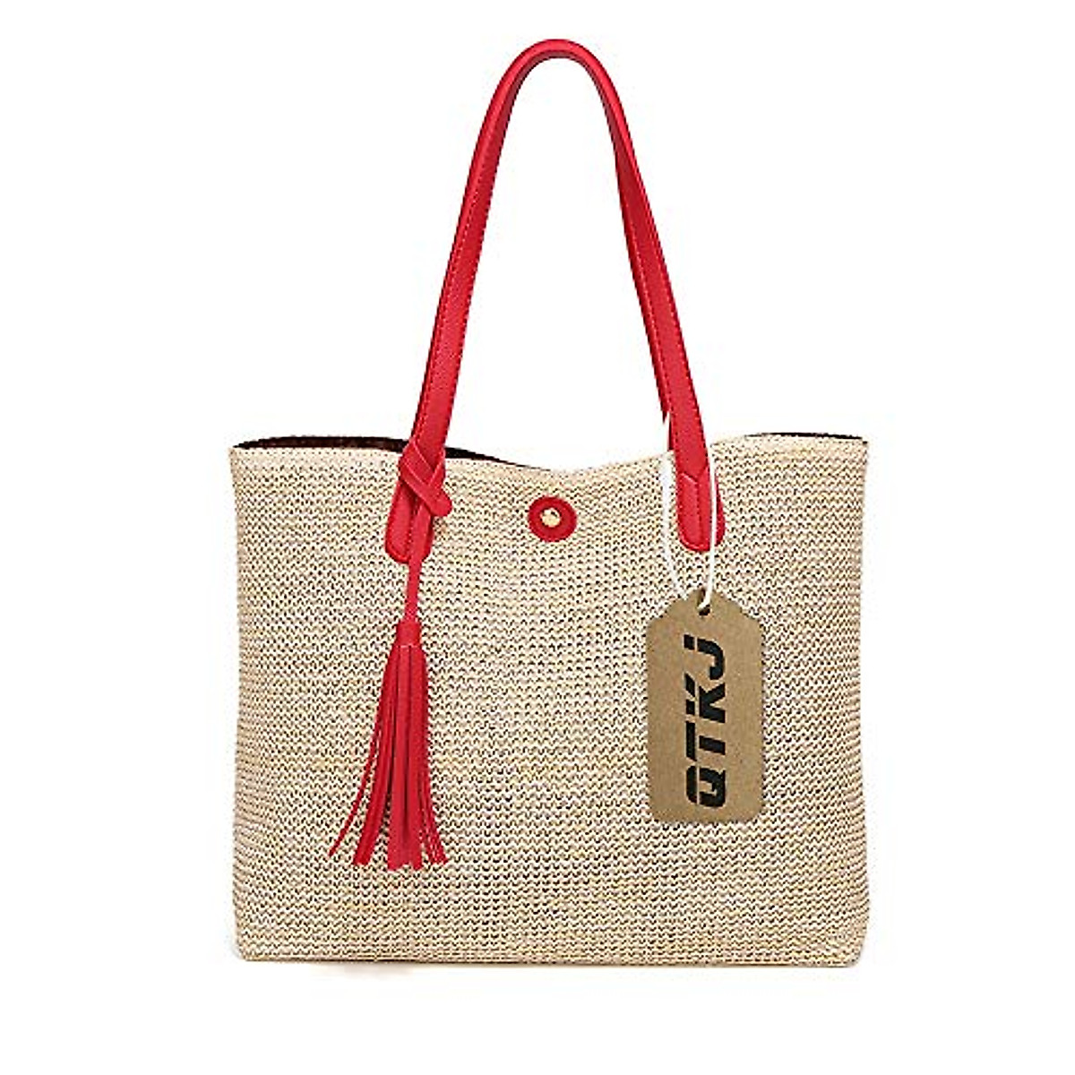 QTKJ Women Straw Summer Beach Bag Handwoven Big Tote Leather Shoulder Handbag with Tassel Decorate (Red)