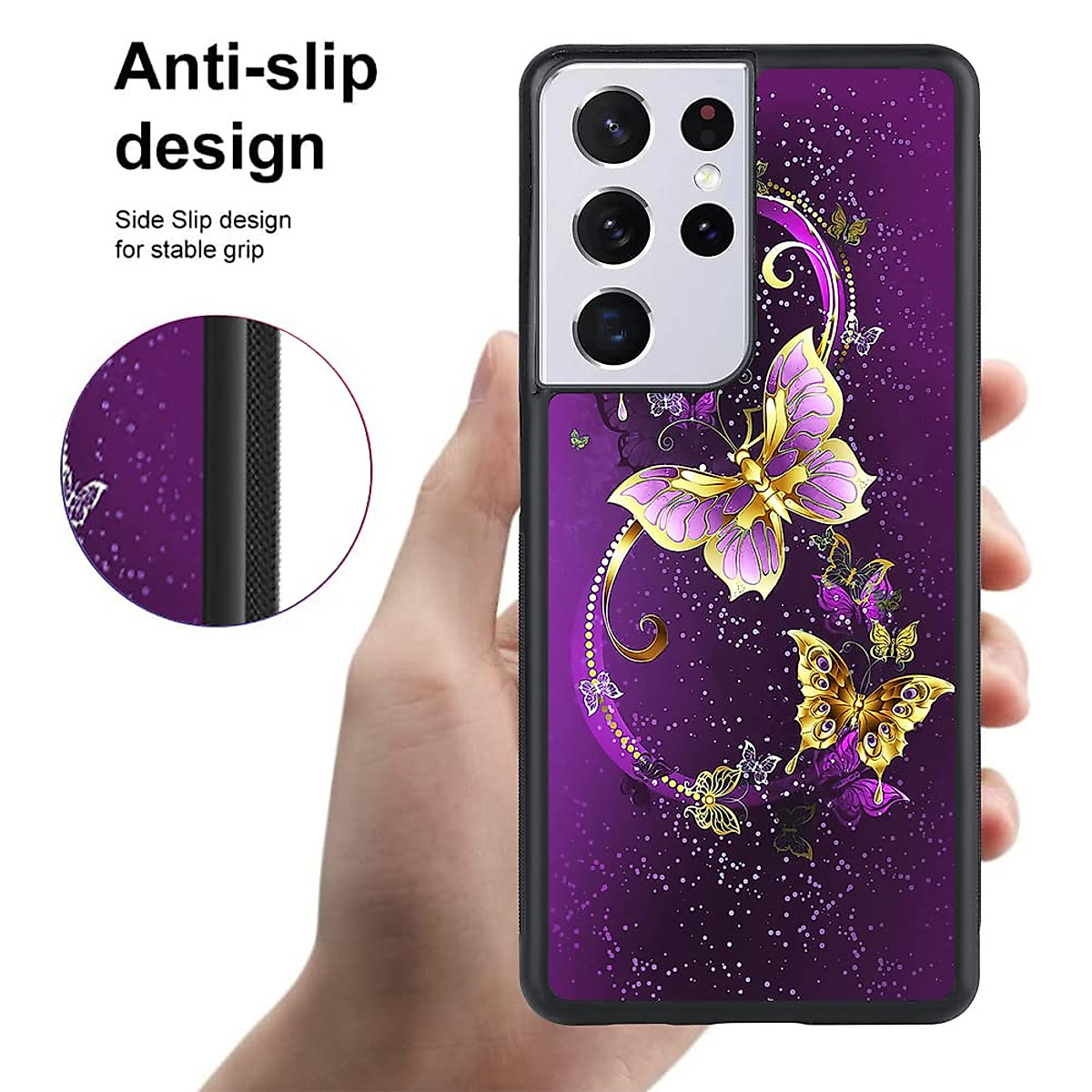 SAKUULO for Samsung Galaxy S21 Ultra Case, [Screen Protector + Kickstand] Purple Butterfly Design,Tire Texture Anti-Slip Shockproof Lightweight Protective Case for Galaxy S21 Ultra 6.8 Inch (2021)