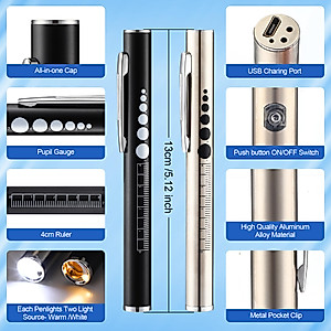 Enhon 6 Pack Nurse Tools Set, 2 Rechargeable LED Pen Lights with Two Sources and Pupil Gauge, One 6'' Trauma Bandage Shear and 3 Mini Highlighter Nurse Pen for Nurse, Nursing Student, Doctor (Black)