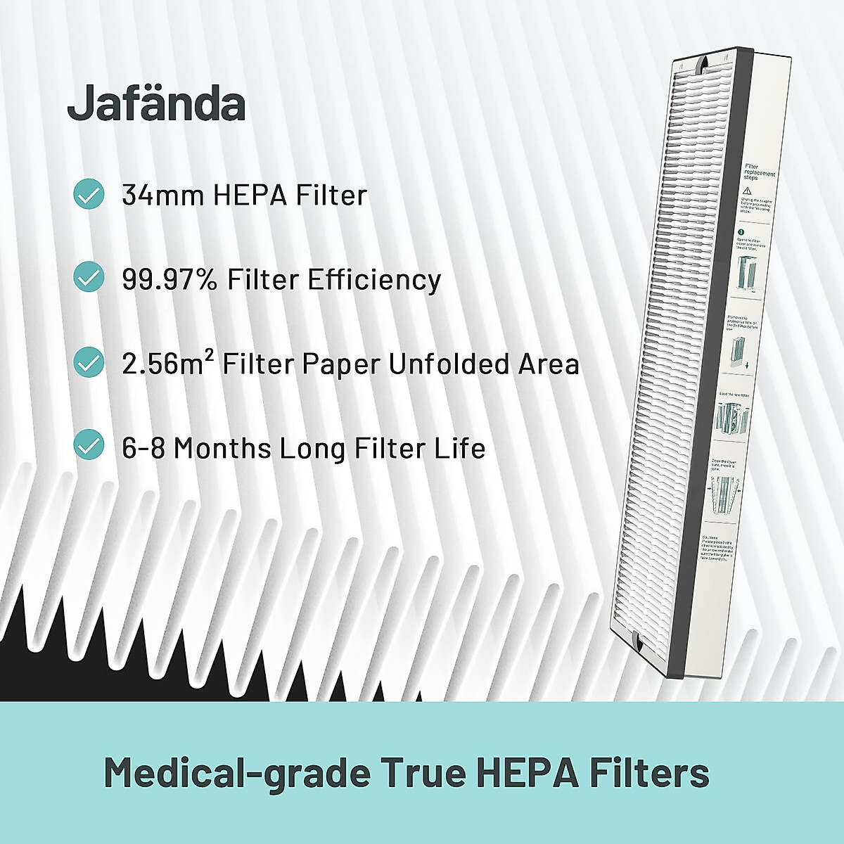 Jafända Air Filter Original FIlter Replacement 2 Pack for JF999 Air Purifier, 3-in-1 Filter with The True HEPA 13 &1.68 lb Activated Carbon