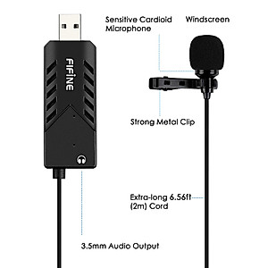 Fifine USB Lavalier Lapel Microphone, Clip-on Cardioid Condenser Computer Mic Plug and Play USB Microphone with Sound Card for PC and Mac-K053
