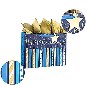 MAYPLUSS 16" Birthday Large Gift Bag with Greeting Card and Tissue Paper for Birhtday - Blue Gold Foil Candle Design