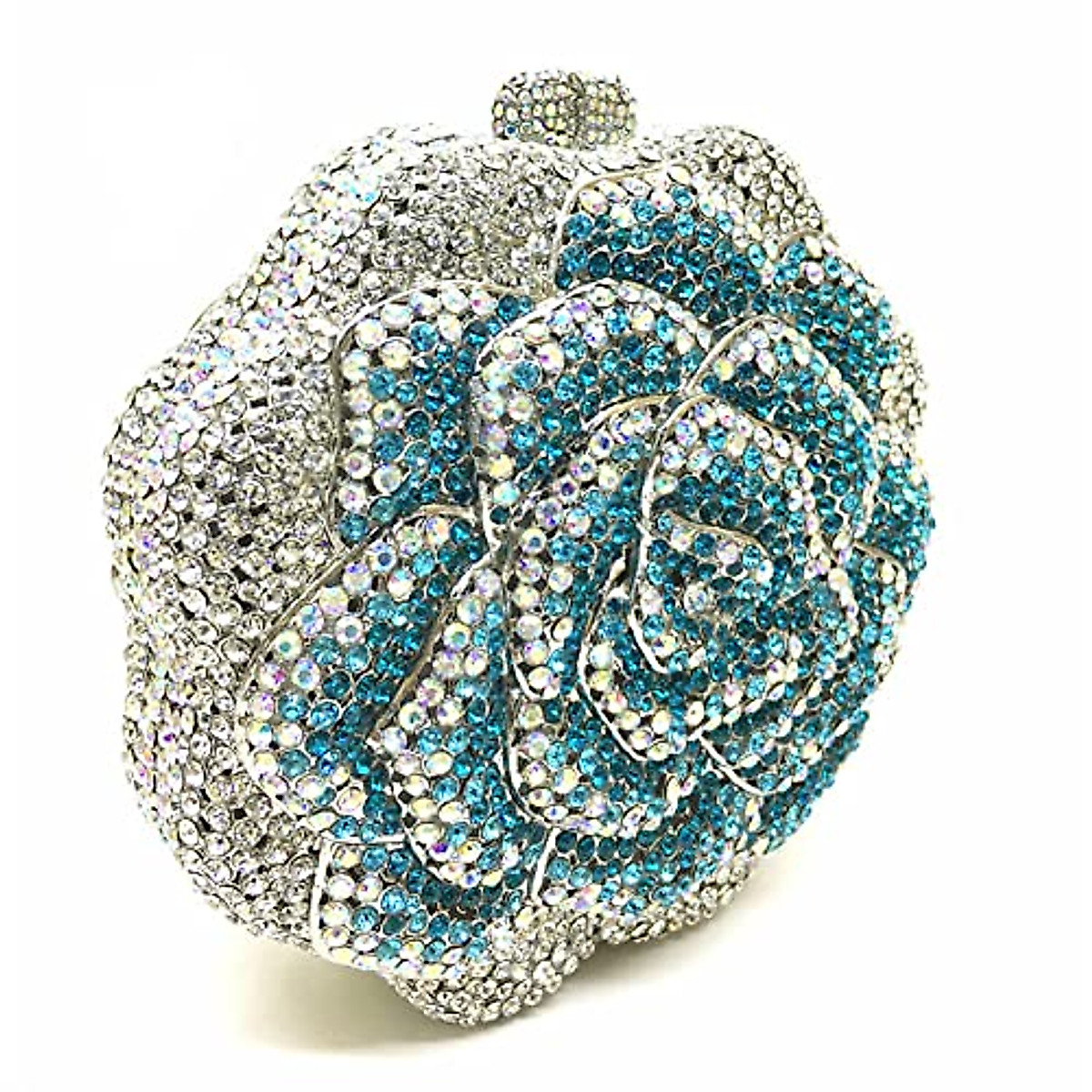 Tngan Women Elegant Rose Flower Evening Clutch Sparkling Crystal Rhinestones Purse Banquet Prom Wedding Handbag, Silver Teal