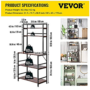 VEVOR Kitchen Baker's Rack, 5-Tier Microwave Stand with 6 Hooks Utility Storage Shelf, Industrial Bakers Racks for Kitchens with Storage, Standing Kitchen Rack for Home Bar, Coffee Bar, Dining Room