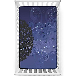 Starry Night Themed Fitted Mini Crib Sheets,Portable Mini Crib Sheets Soft & Stretchy Fitted Crib Sheet-Crib Mattress Sheet or Toddler Bed Sheet,24“ x38“,Charcoal Grey Indigo Black