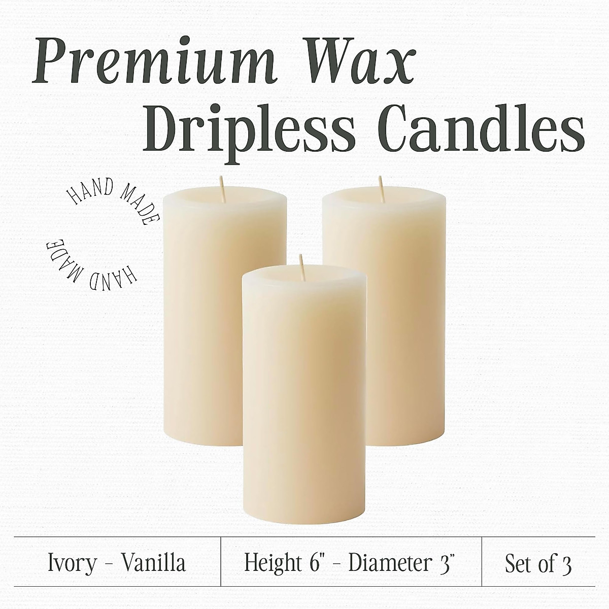 Mister Candle Dripless Vanilla Scented Ivory Pillar Candles Set of 3, Hand Made Vanilla Pillar Candles with Essential Oils for Home Decor, Premium Wax, 80 Hr Burn Time (3x6 inch)