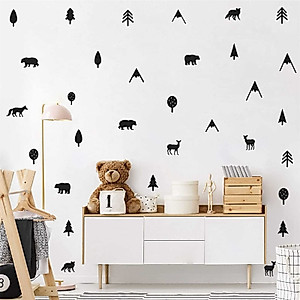 IKEYU Woodland Animals Wall Stickers Mountain Tree Wall Decals Black Vinyl Jungle Stickers Forest Animals Wall Decals for Kids Room Nursery Bedroom Decor